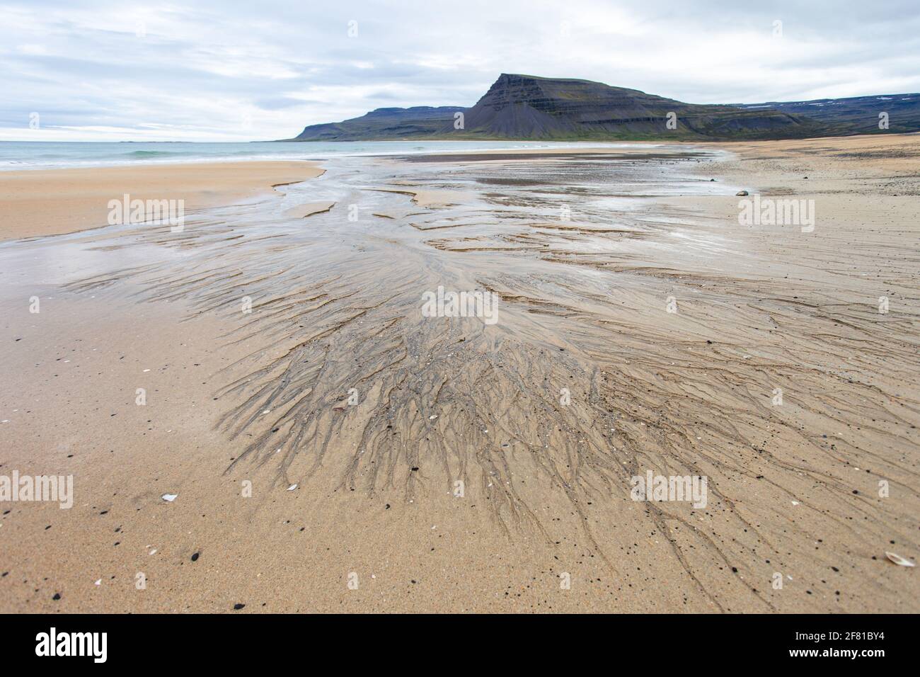 view of the veins created by water on the beach on a cloudy day Stock ...