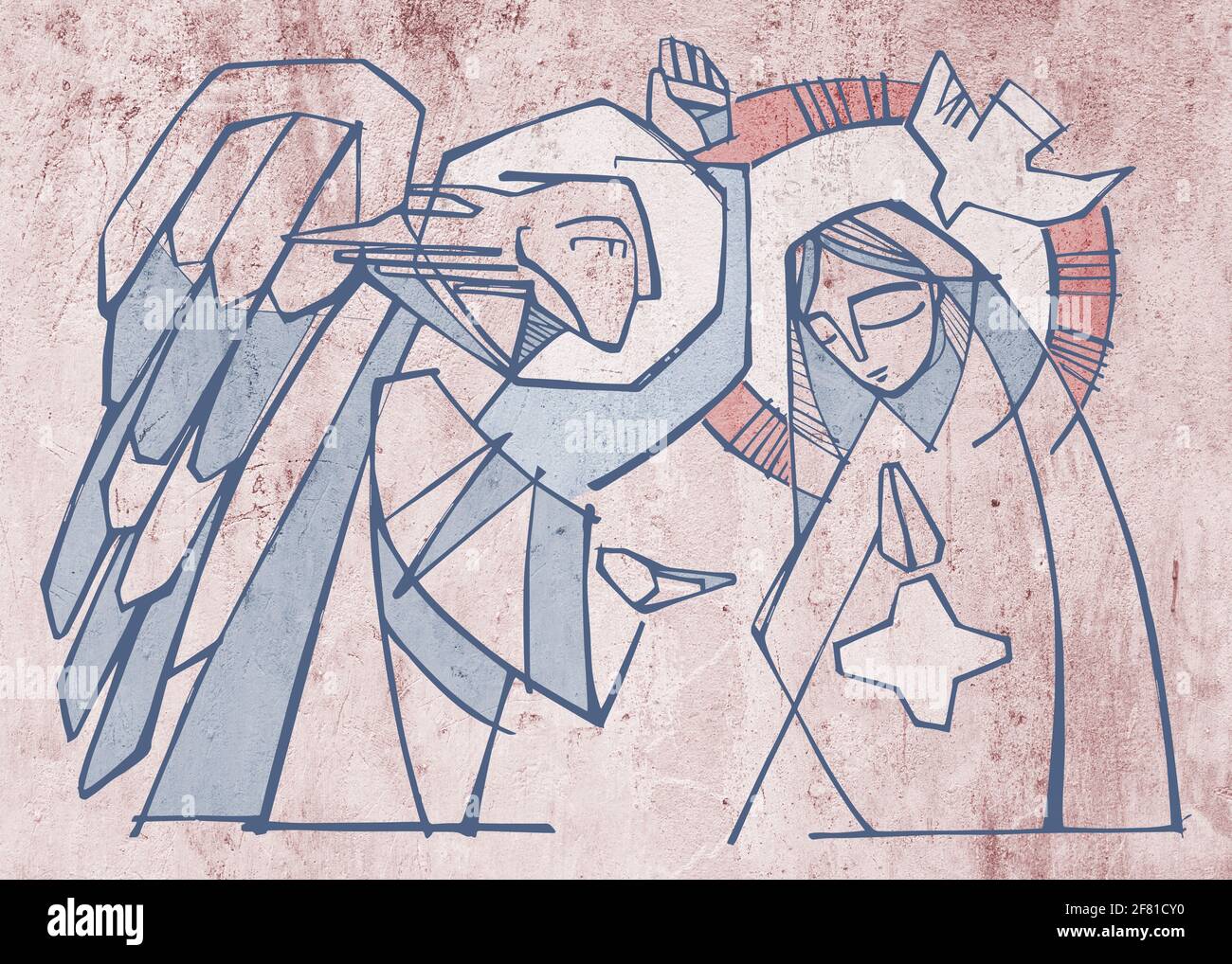 Hand drawn illustration or drawing of Angel Gabriel and Virgin Mary at ...