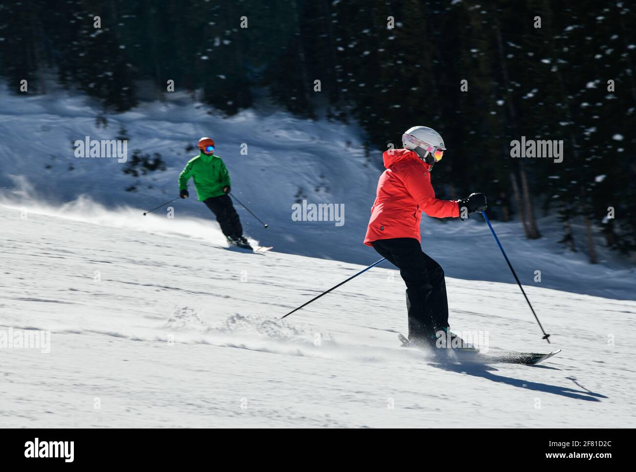 Female Skier going down the slopes on hi-speed at sunny day with fresh ...