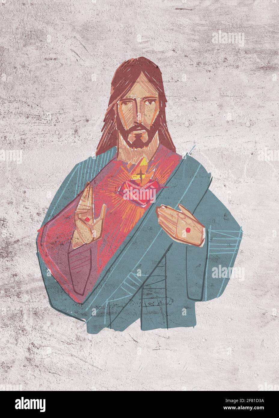 Hand drawn illustration or drawing of Jesus Christ and Sacred Heart ...