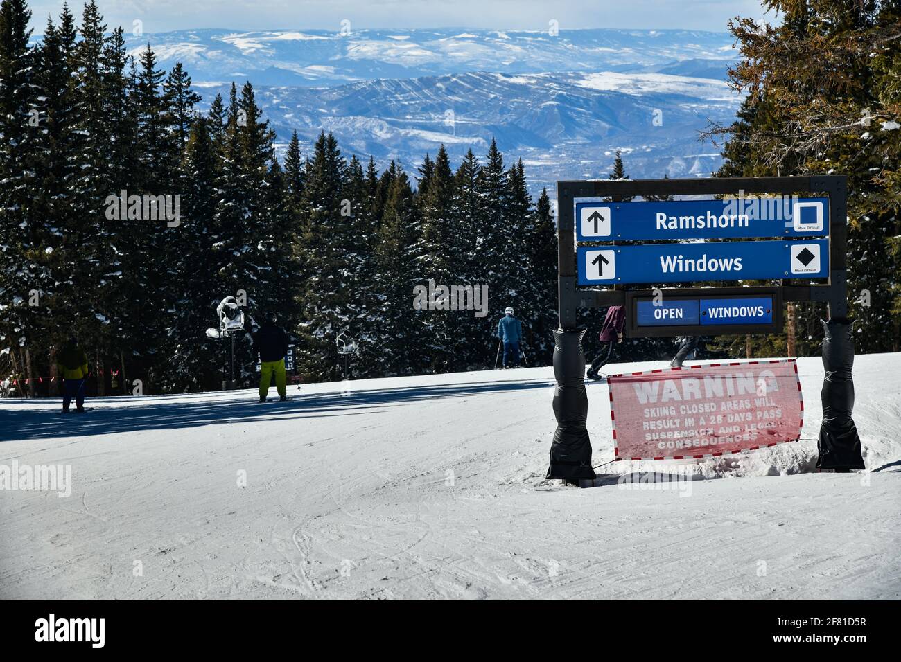 Warning sign ski area closed. Ski only designated areas. Vail, Colorado ...
