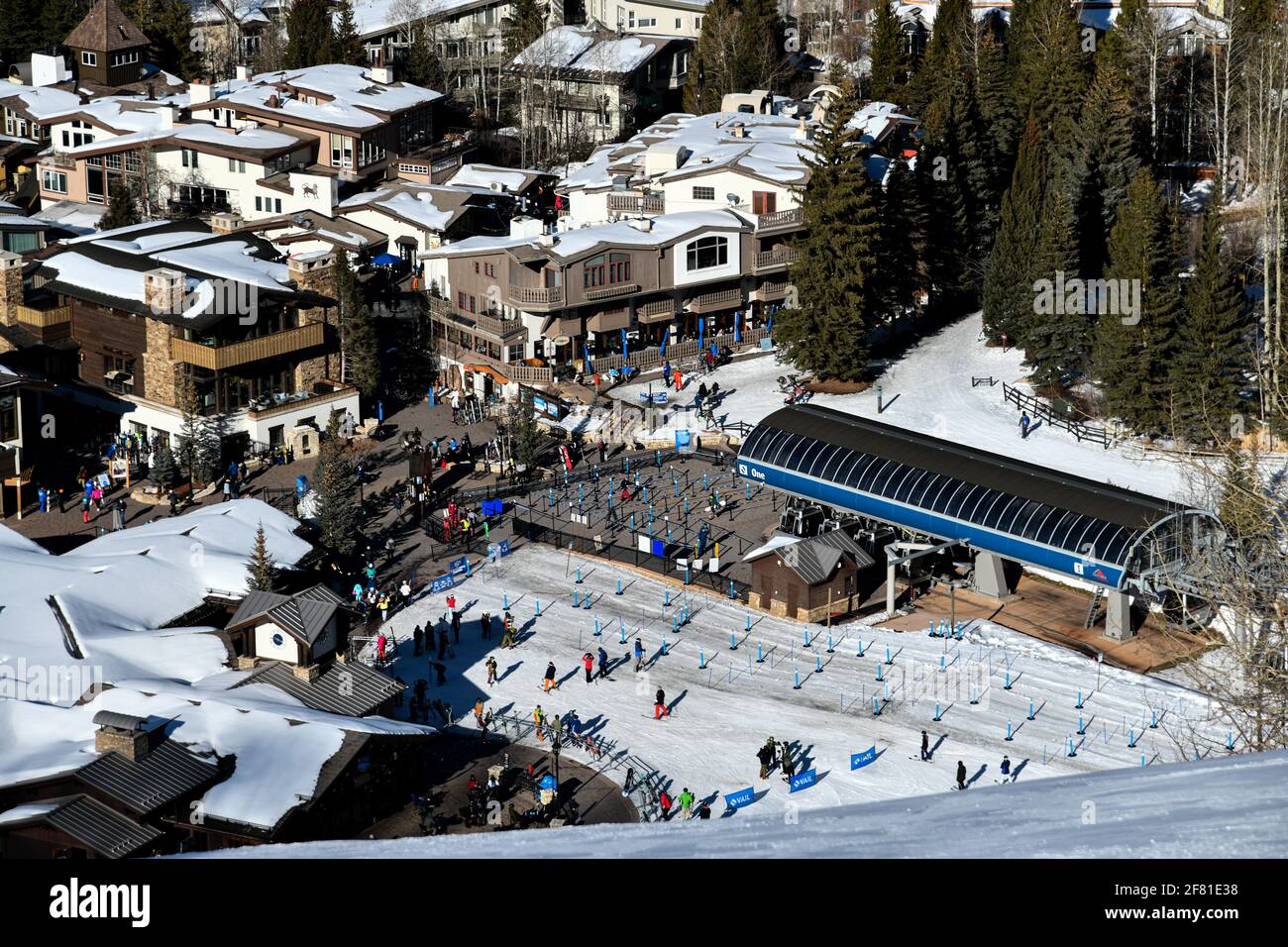 Ski lift gondola station with view to Vail ski village, Colorado, USA ...