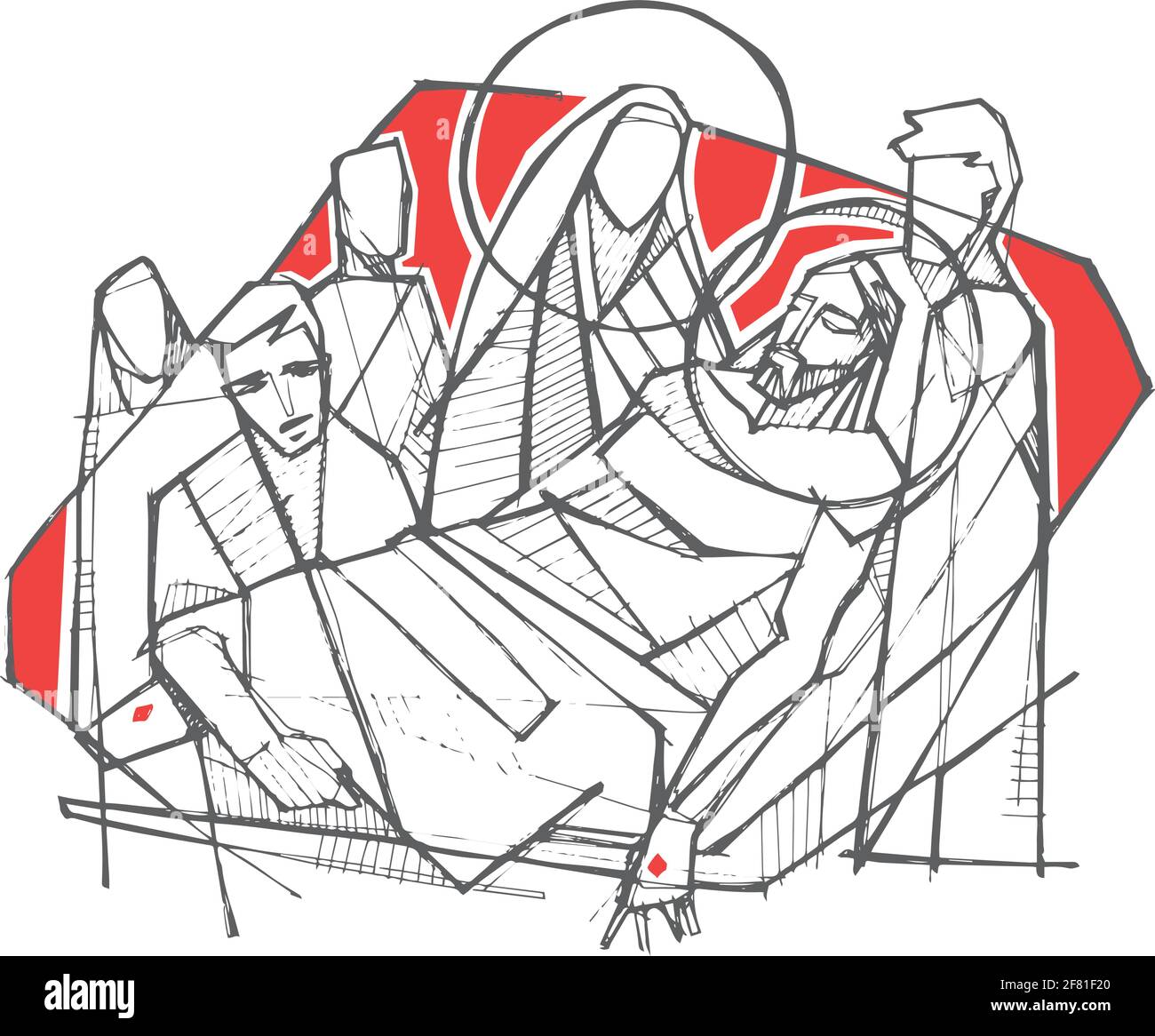 Hand drawn illustration or drawing of Virgin Mary and disciples burying ...