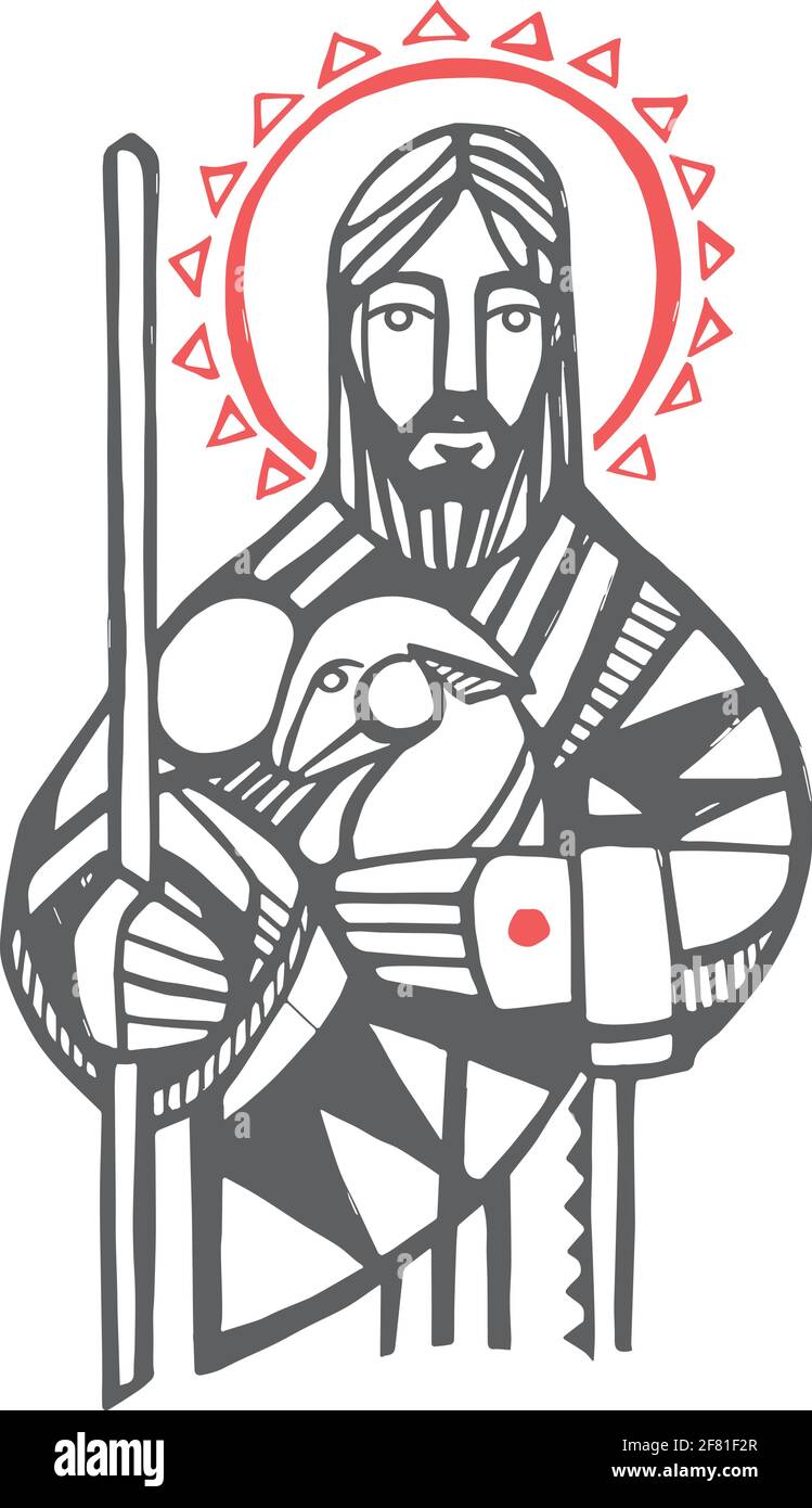 Hand drawn vector illustration or drawing of Jesus Christ Good Shepherd ...