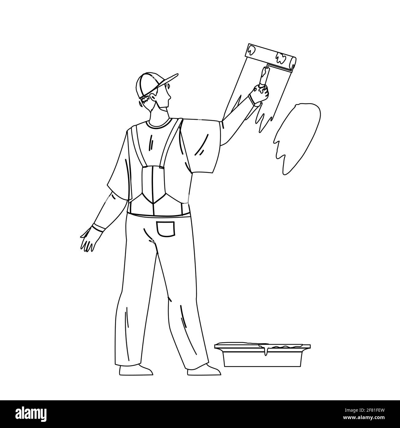 Painter Man Painting Wall With Roller Tool Vector Stock Vector Image ...