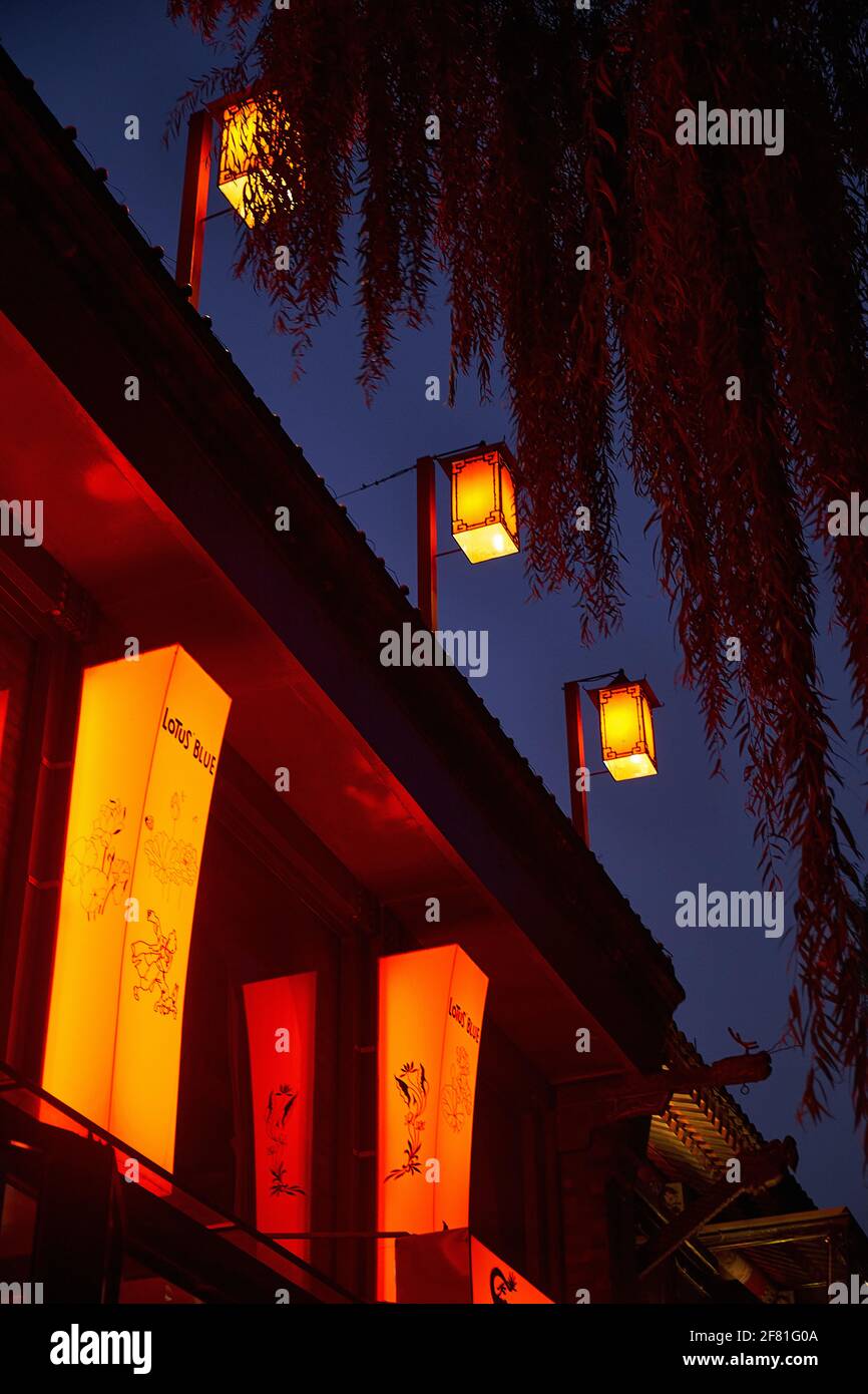 Stylish illuminated Lotus Blue restaurant signage with chinese lanterns ...