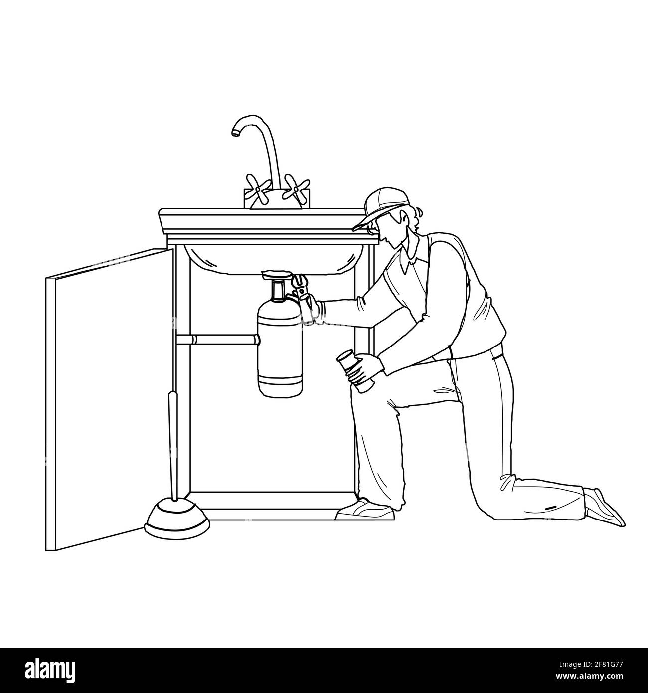 Plumber In Working Overall Fixing Sink Vector Stock Vector Image & Art ...
