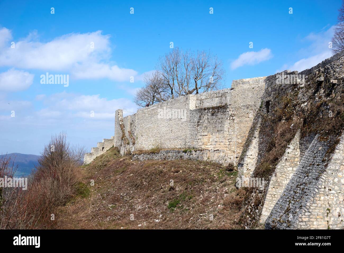 View of ruins of Hohenurach Castle, Germany in a blue sky background ...