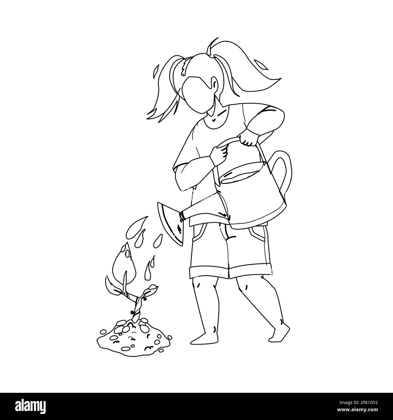 Sapling Planting And Watering Girl Child Vector Stock Vector Image ...