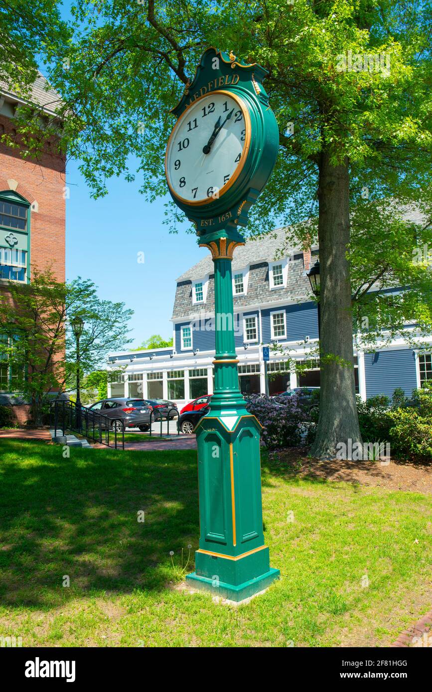 Medfield town clock in front of town hall on Main Street at the town ...
