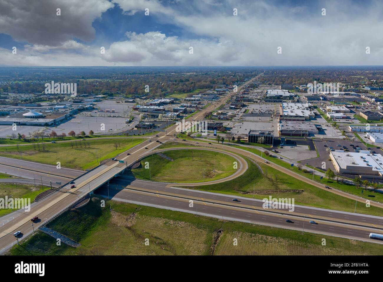 Aerial view of highway interchange freeway interchange with traffic on ...