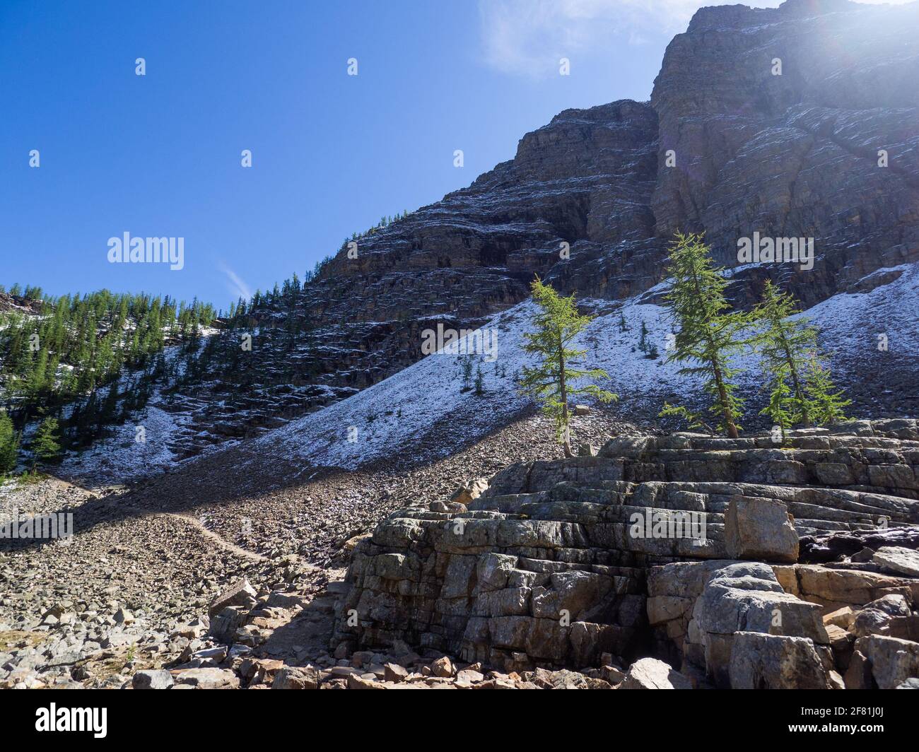 snow patch at the bottom of a mountain with a trekking path Stock Photo ...