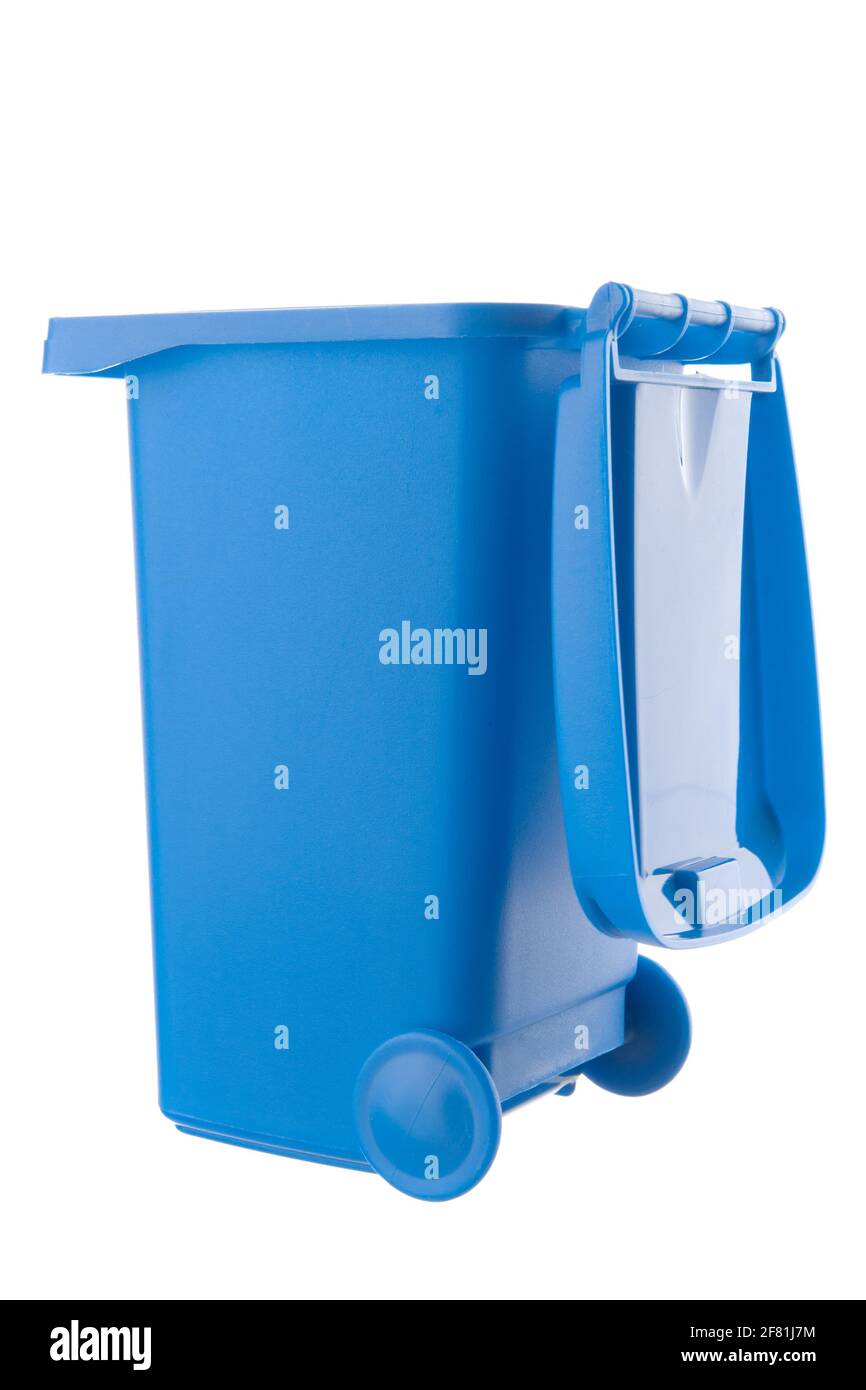 Plastic blue trash can isolated on white background Stock Photo - Alamy