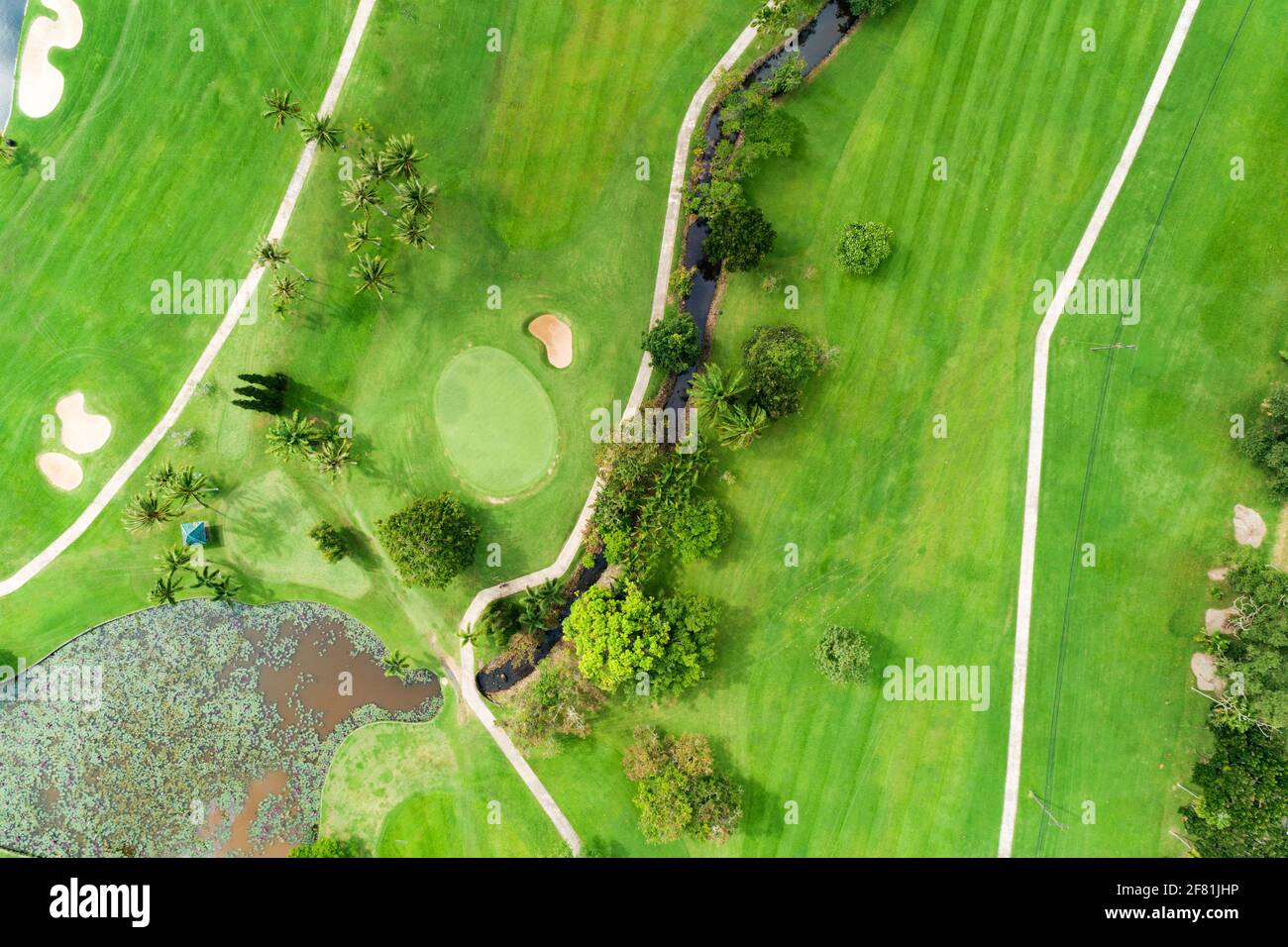 Aerial view drone shot of beautiful green golf field fairway and ...