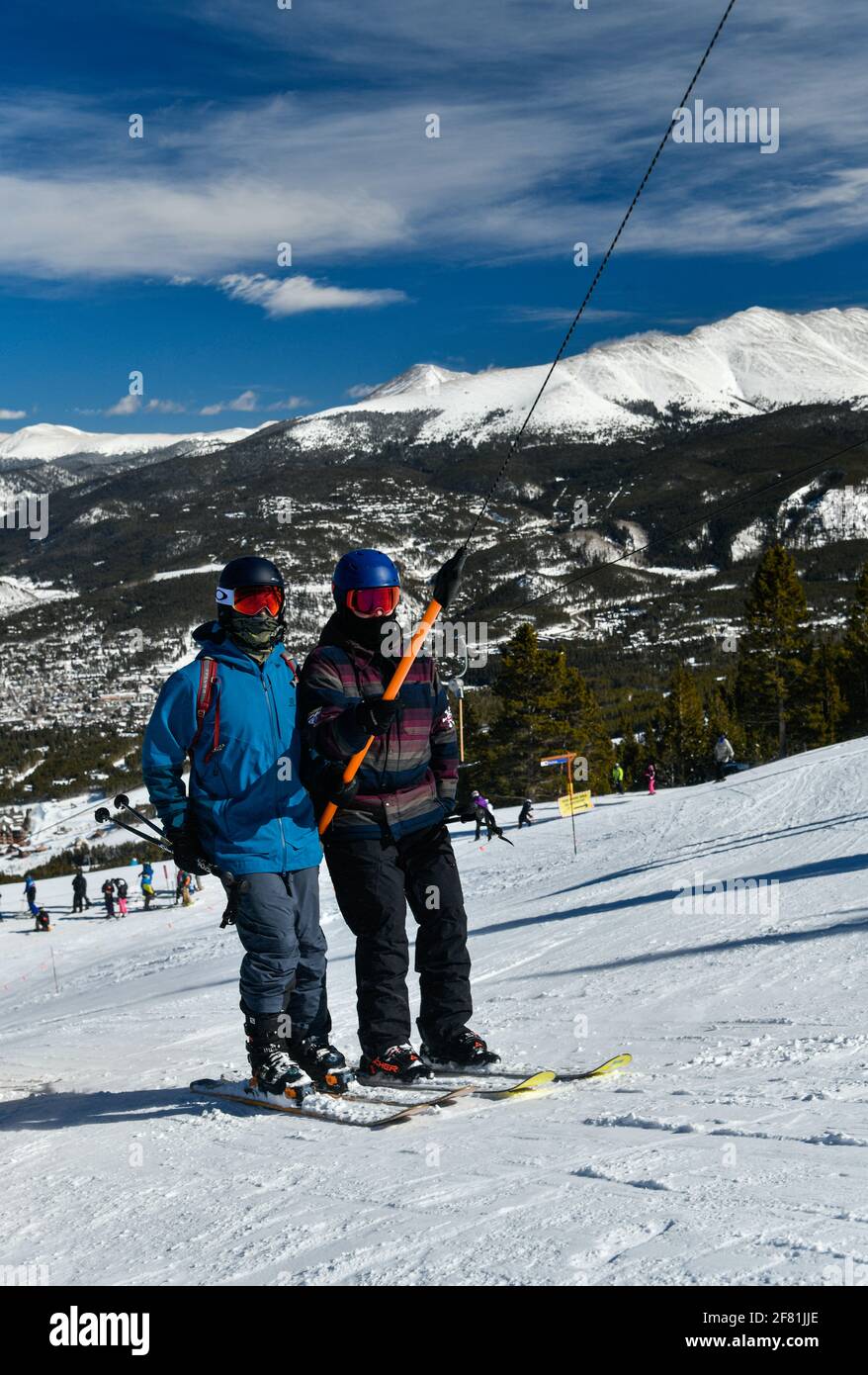 People using t-bar ski lift to get on the top of Breckenridge, Colorado ...