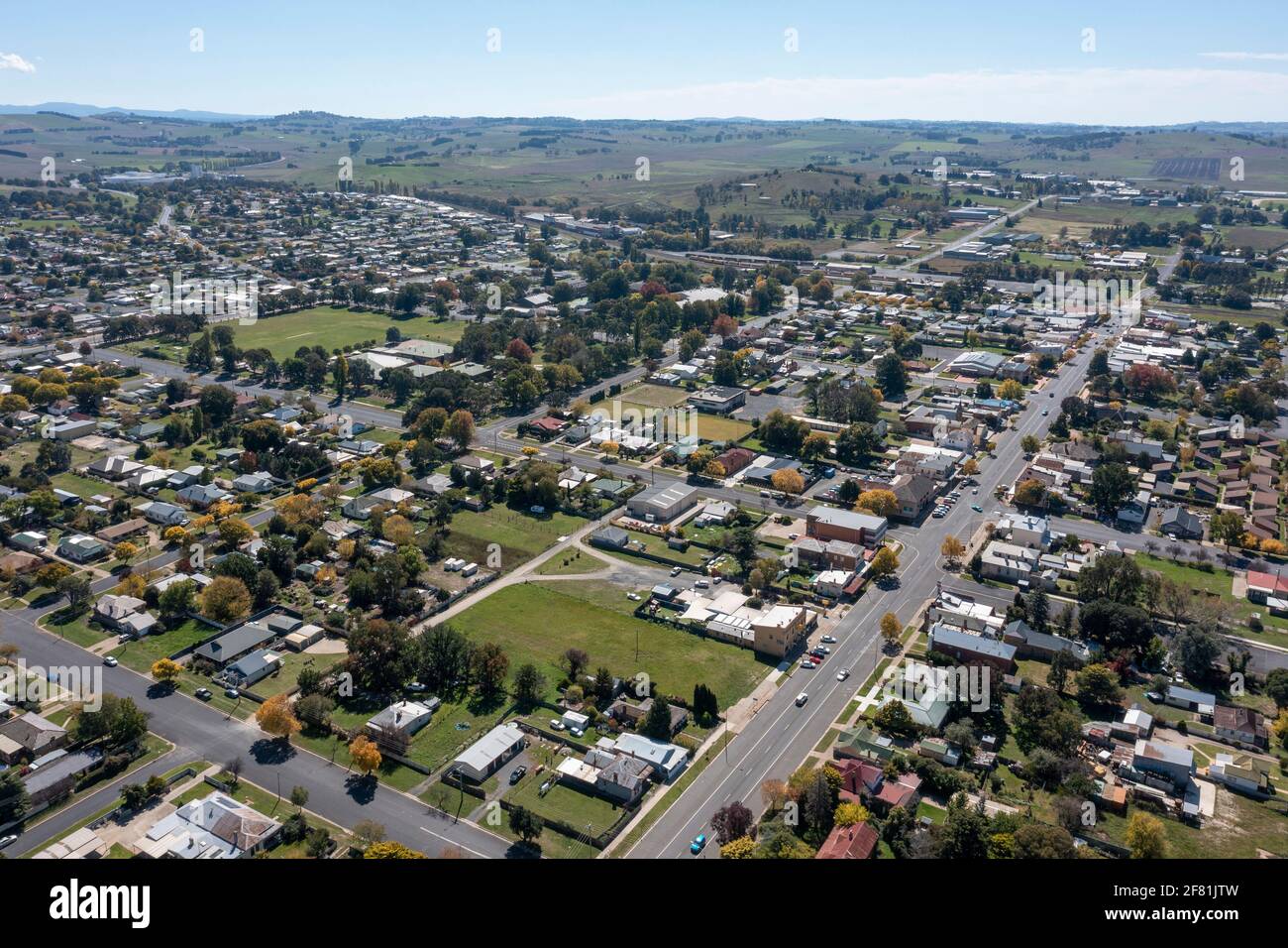 Aerial view of the central western country town of Blayney, New South ...