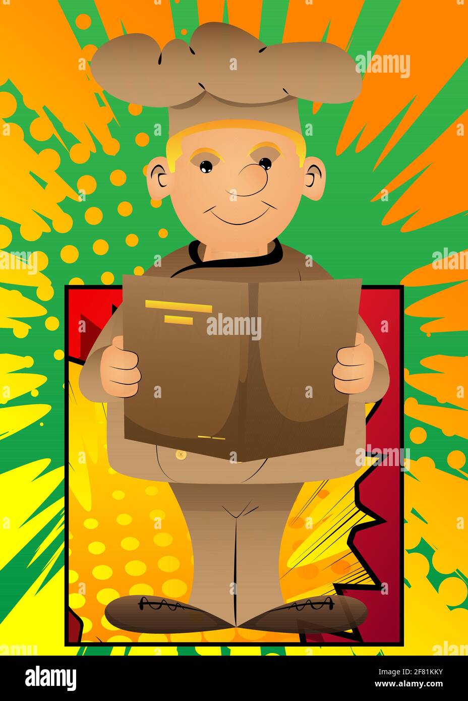 Fat male cartoon chef in uniform reading a book, holding a menu. Vector ...