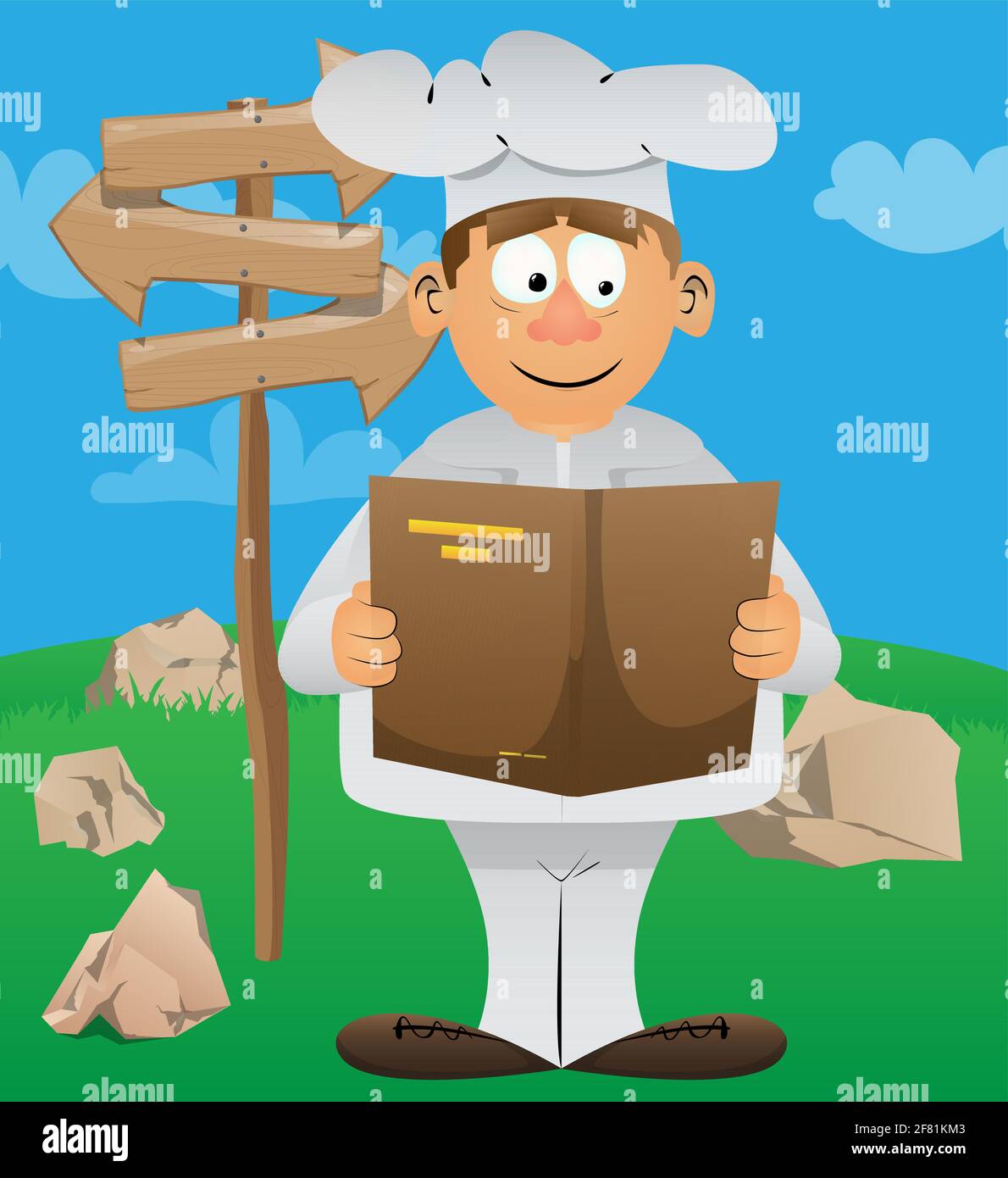 Fat male cartoon chef in uniform reading a book, holding a menu. Vector ...