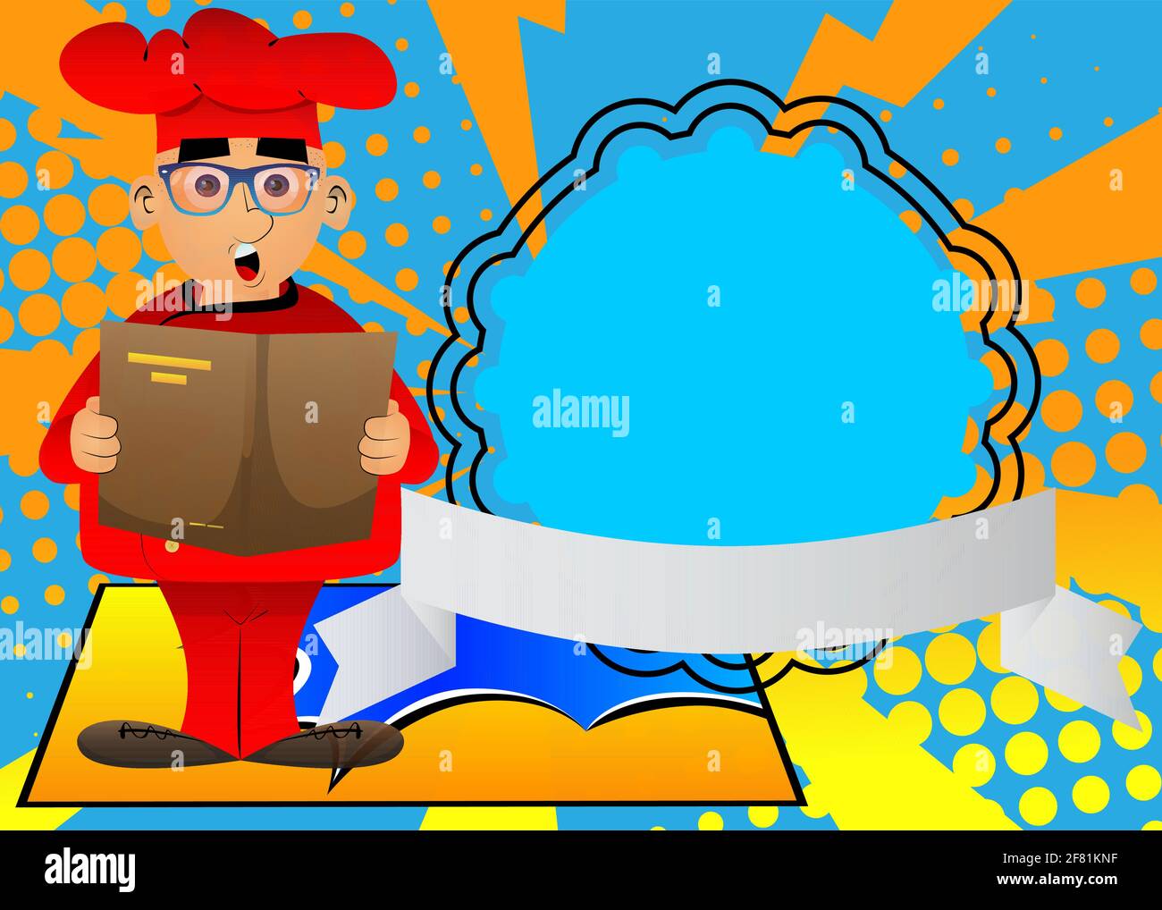 Fat male cartoon chef in uniform reading a book, holding a menu. Vector ...