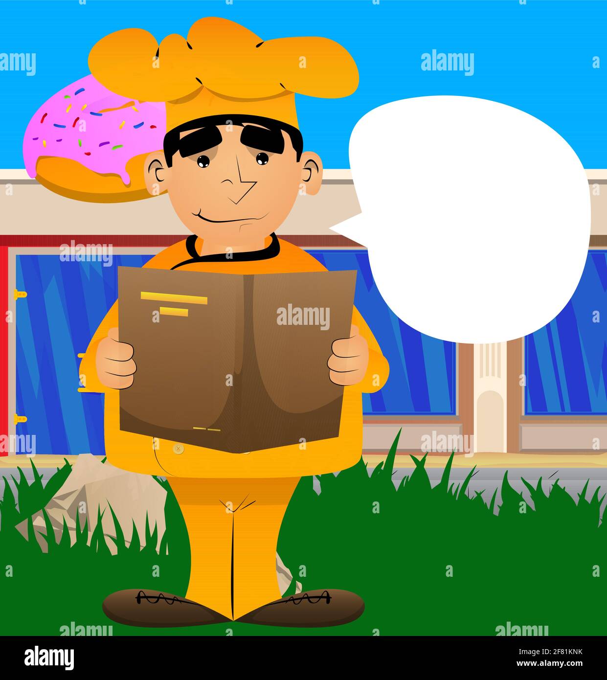 Fat male cartoon chef in uniform reading a book, holding a menu. Vector ...