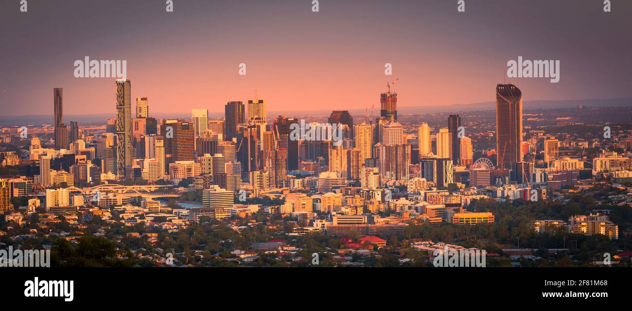 Brisbane Queensland Australia - 12 JAN 2018. Panorama of sun setting on ...