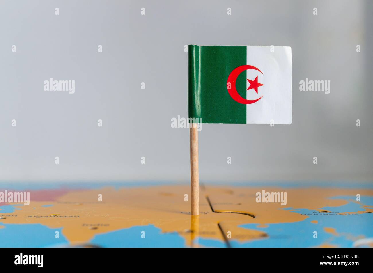 A small flag of Algeria on a wooden stick fixed on the globe Stock ...