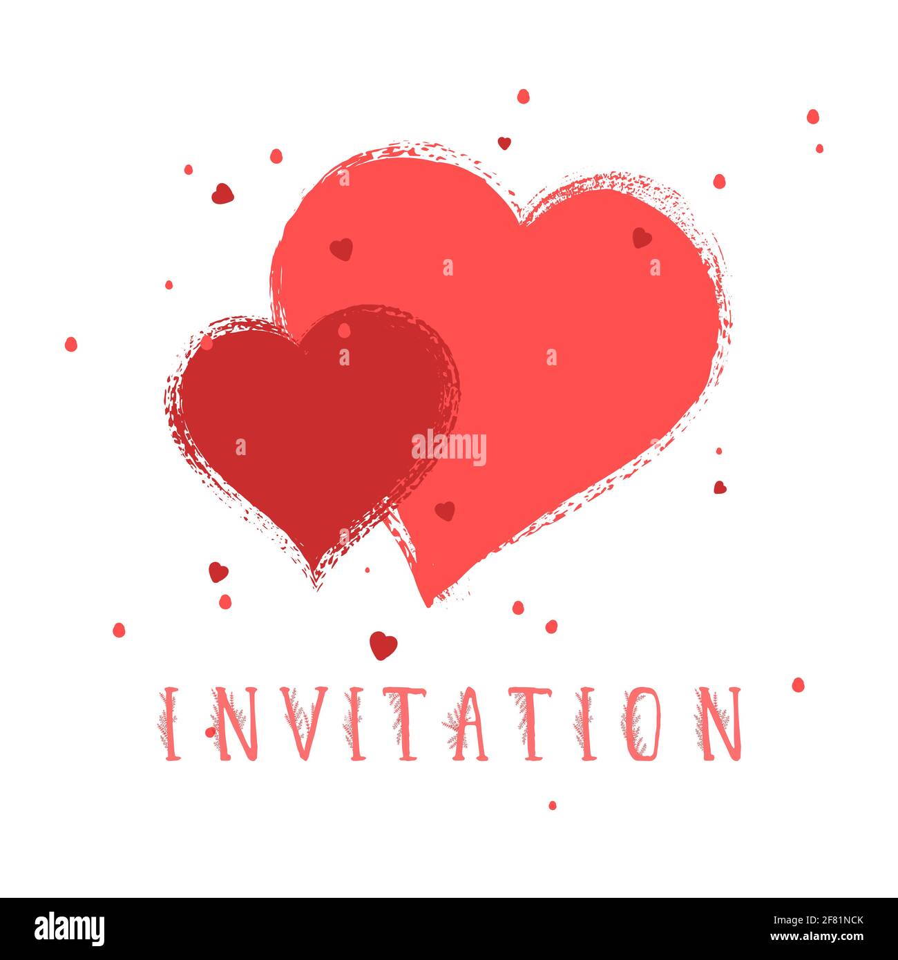 Vector illustration with hand drawn text INVITATION and grunge hearts ...