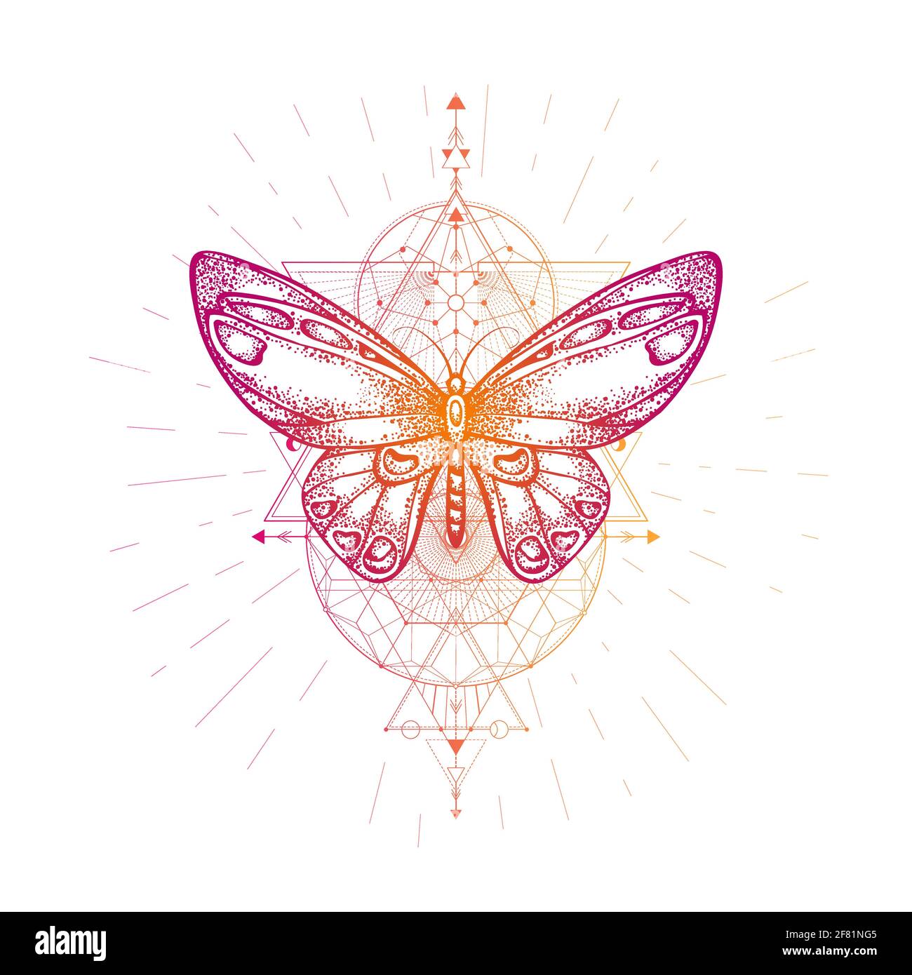Vector illustration with hand drawn butterfly and Sacred geometric ...