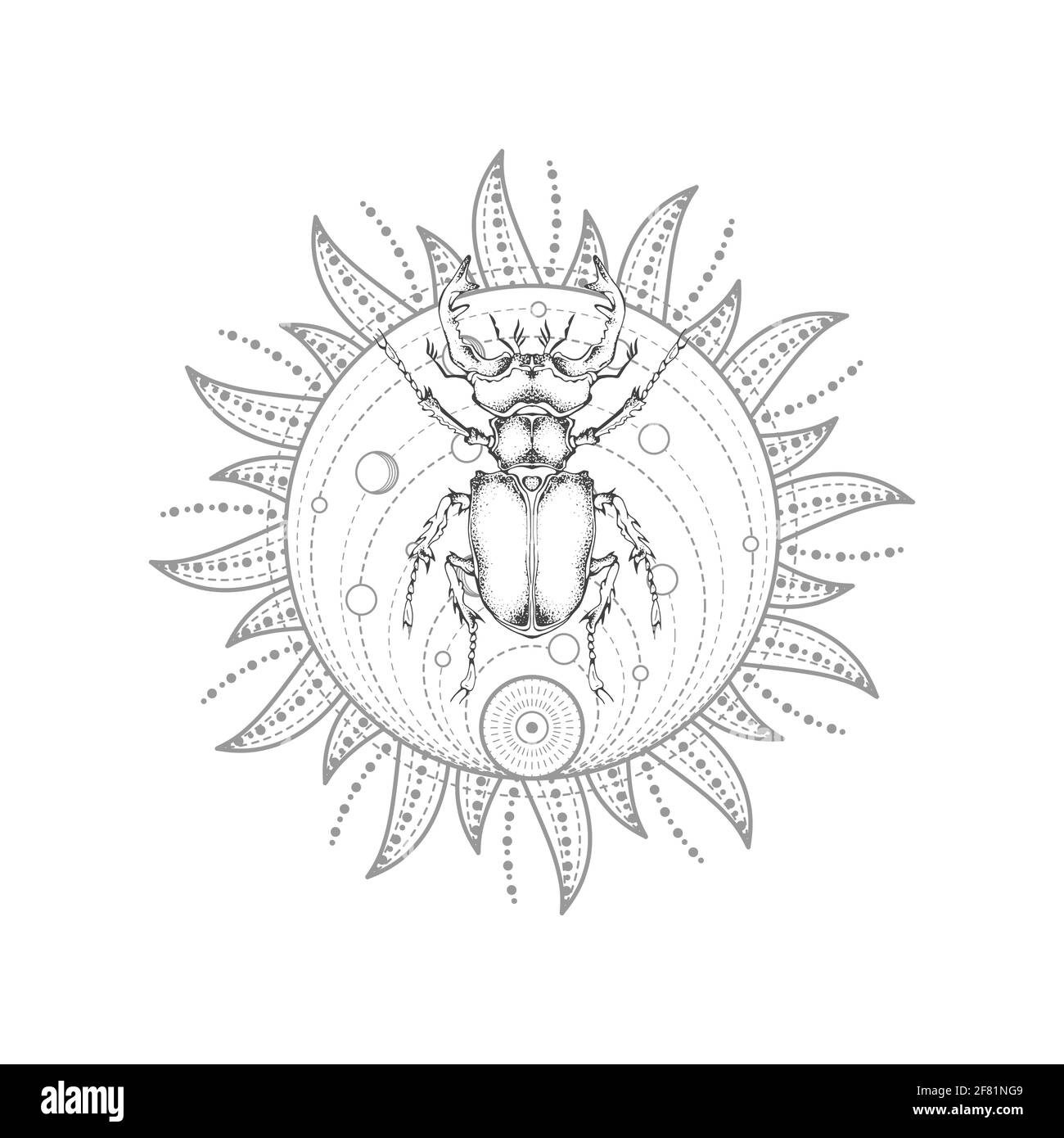 Vector illustration with hand drawn stag beetle and Sacred geometric ...