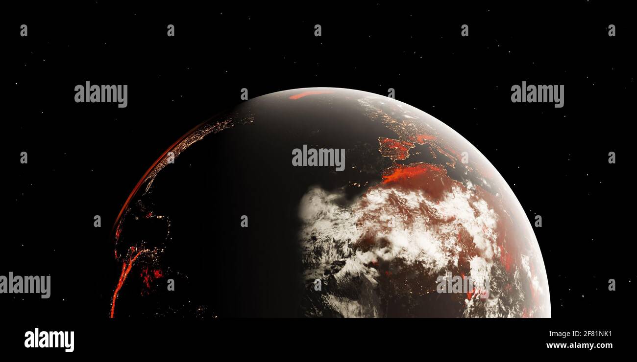 planet earth on fire with starry background. climate change concept. 3d ...