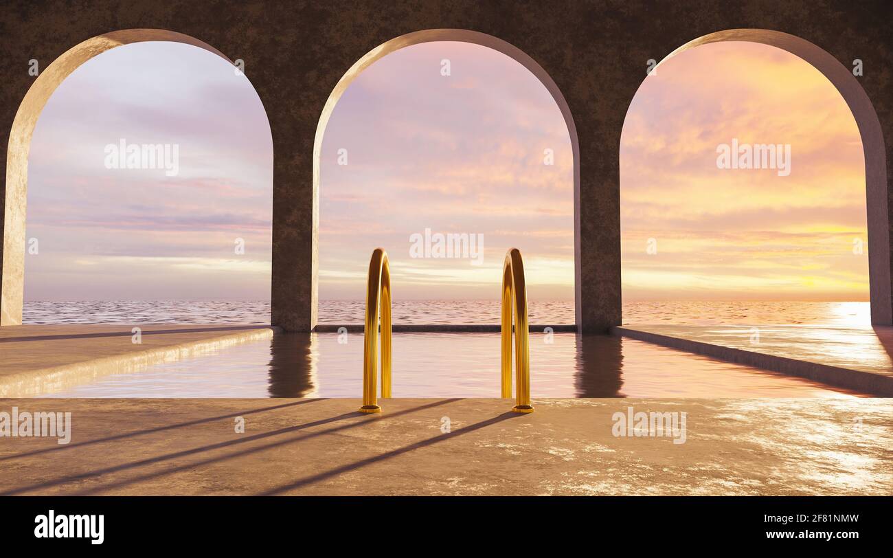 swimming pool with sea views and golden stairs with concrete arches and ...