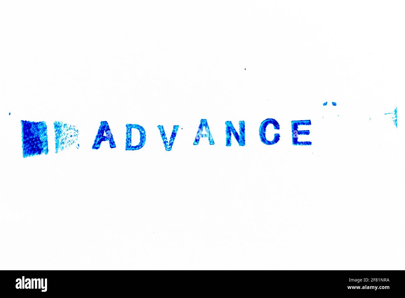 Blue color ink of rubber stamp in word advance on white paper ...