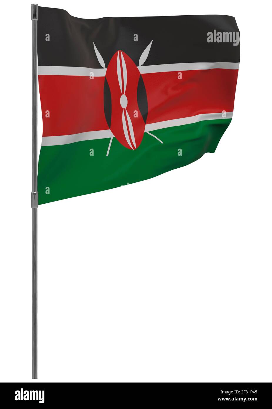 Kenya flag on pole. Waving banner isolated. National flag of Kenya ...