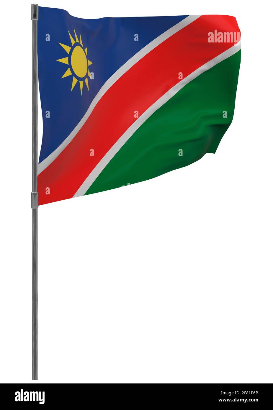 Namibia flag on pole. Waving banner isolated. National flag of Namibia ...