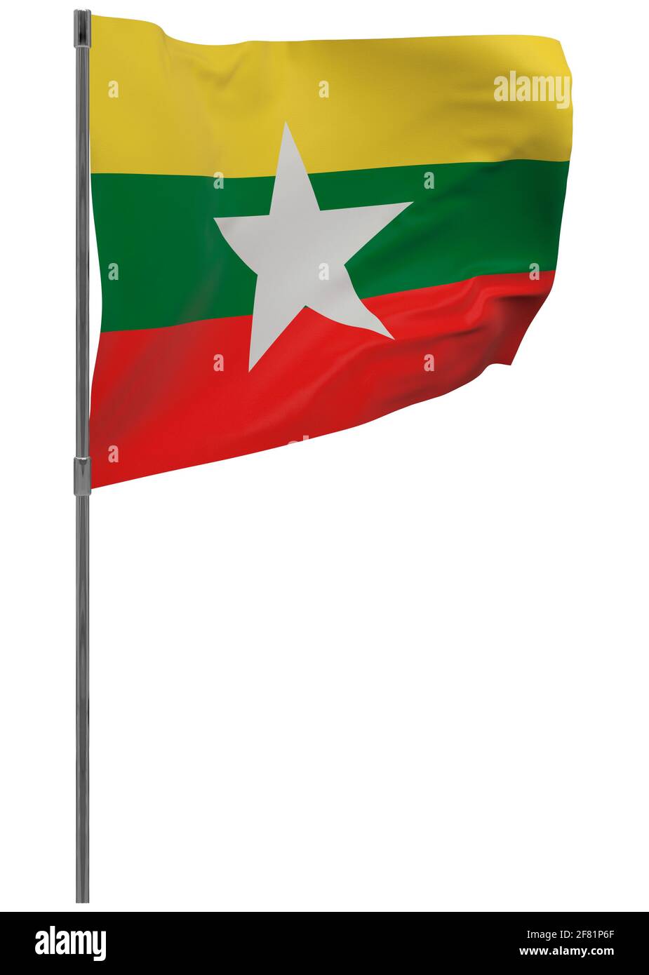Myanmar flag on pole. Waving banner isolated. National flag of Myanmar ...