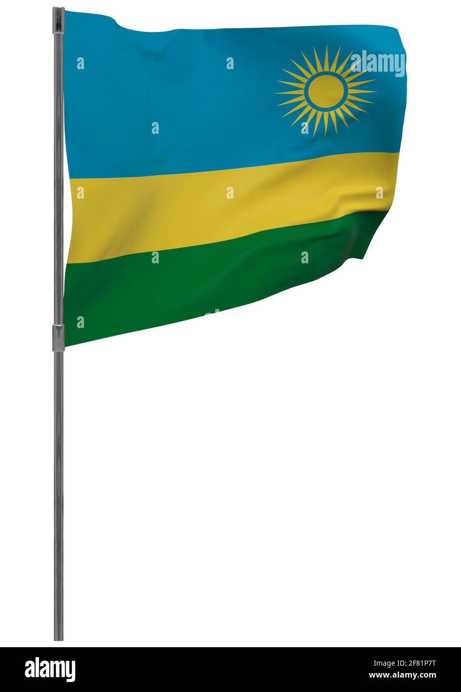 Rwanda flag on pole. Waving banner isolated. National flag of Rwanda ...