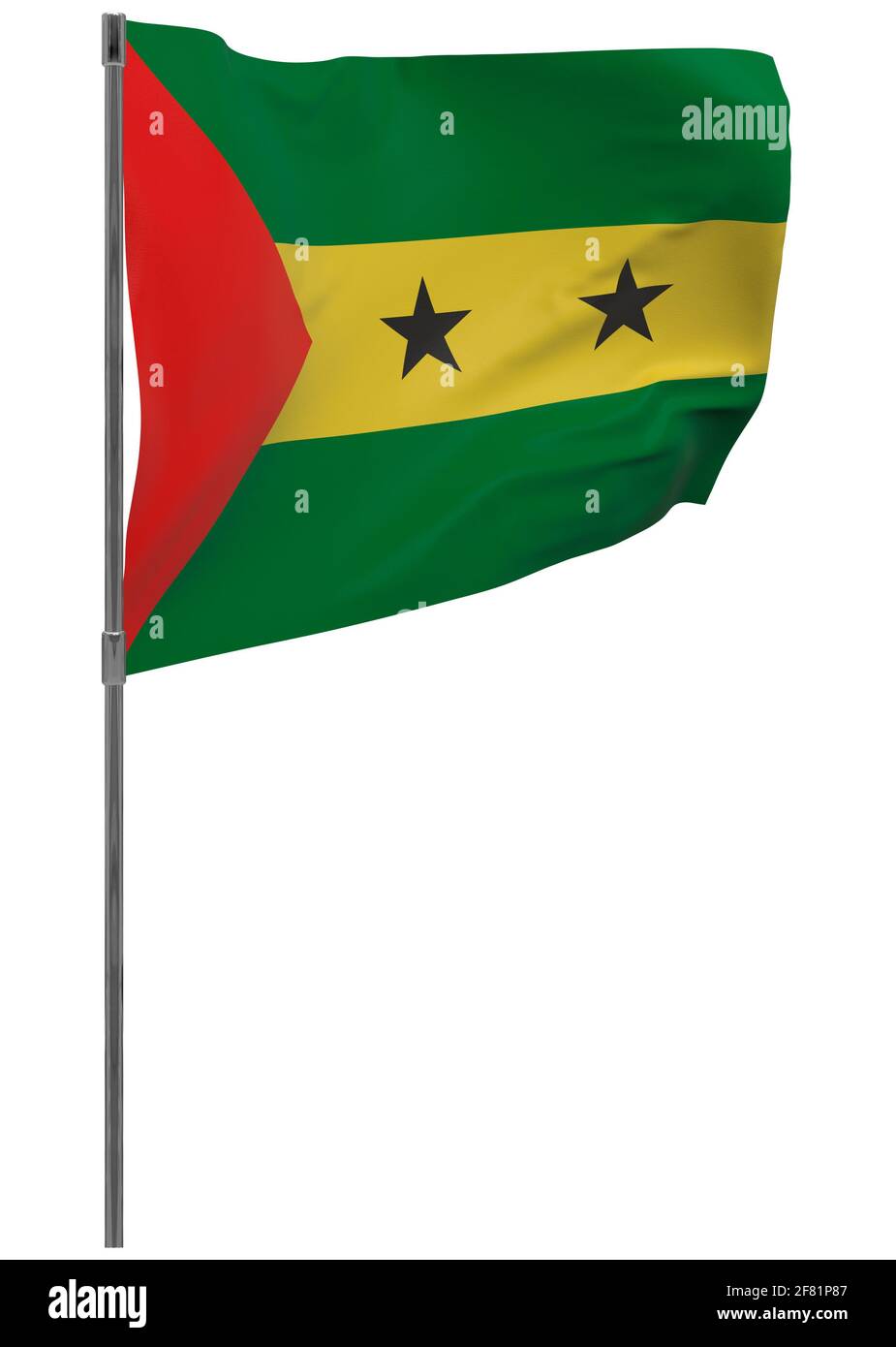 Sao Tome and Principe flag on pole. Waving banner isolated. National ...