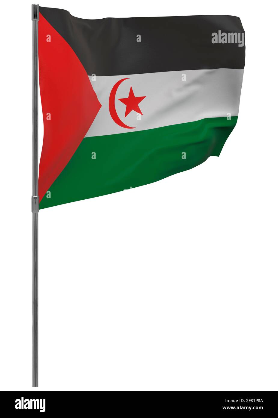 Sahrawi Arab Democratic Republic flag on pole. Waving banner isolated ...