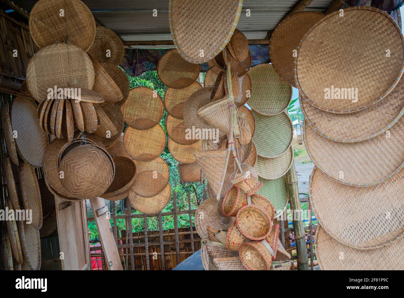 Wicker baskets and other handicrafts in the village shop in Assam ...