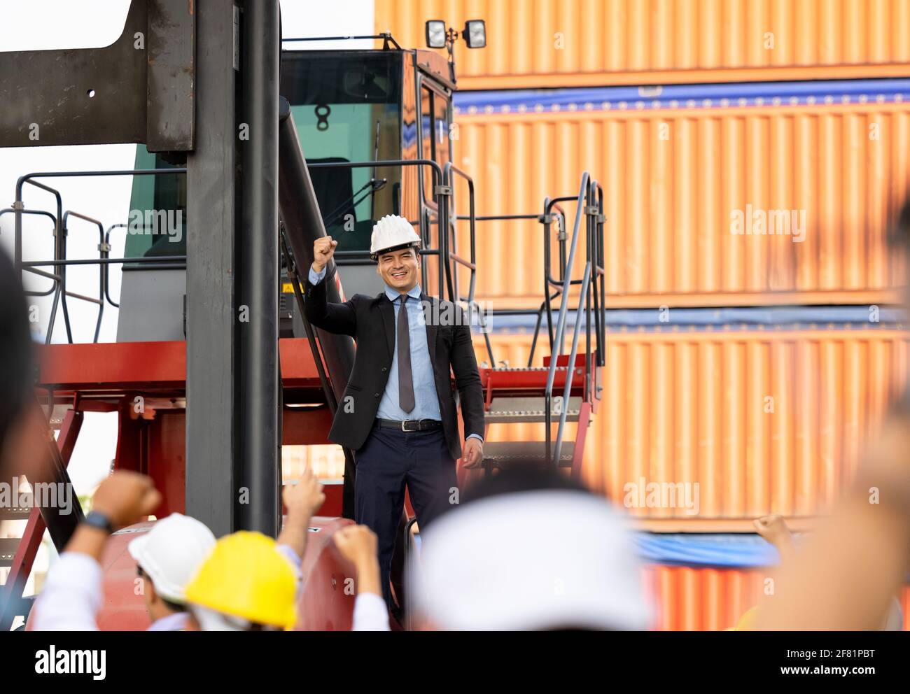 Worker people clap hands after finishing up a meeting outdoor ...