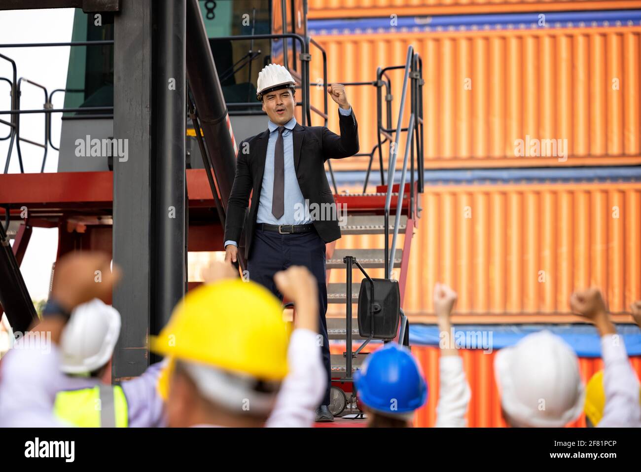 Worker people clap hands after finishing up a meeting outdoor ...