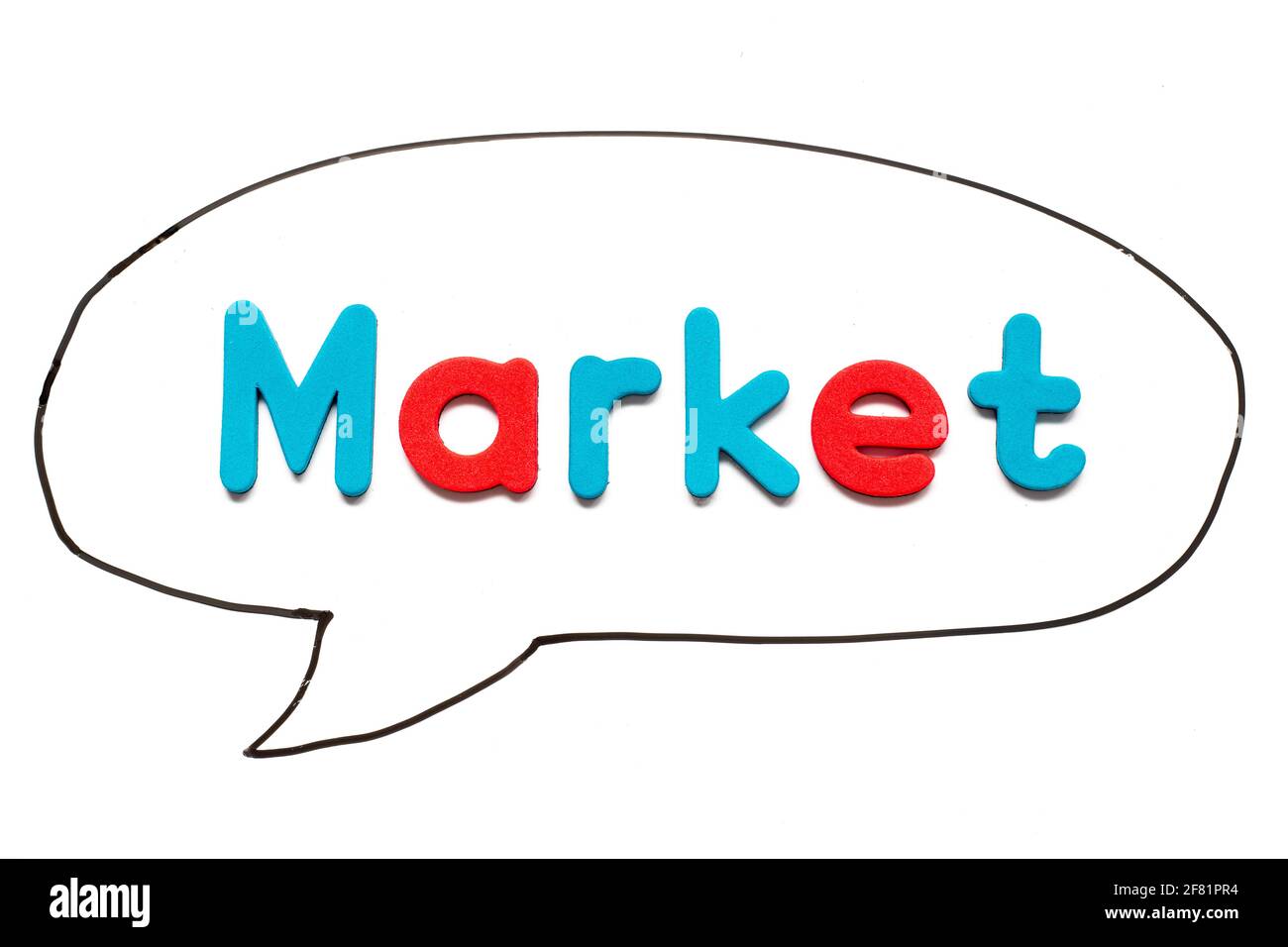 Alphabet letter with word market in black line hand drawing as bubble ...