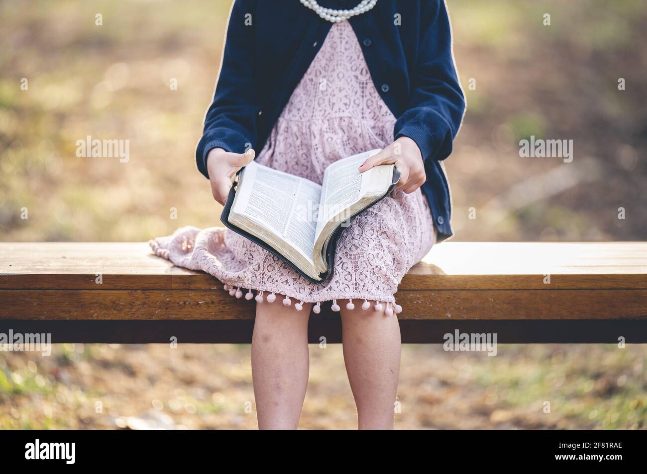 A little caucasian Christian girl reading the holy bible Stock Photo ...