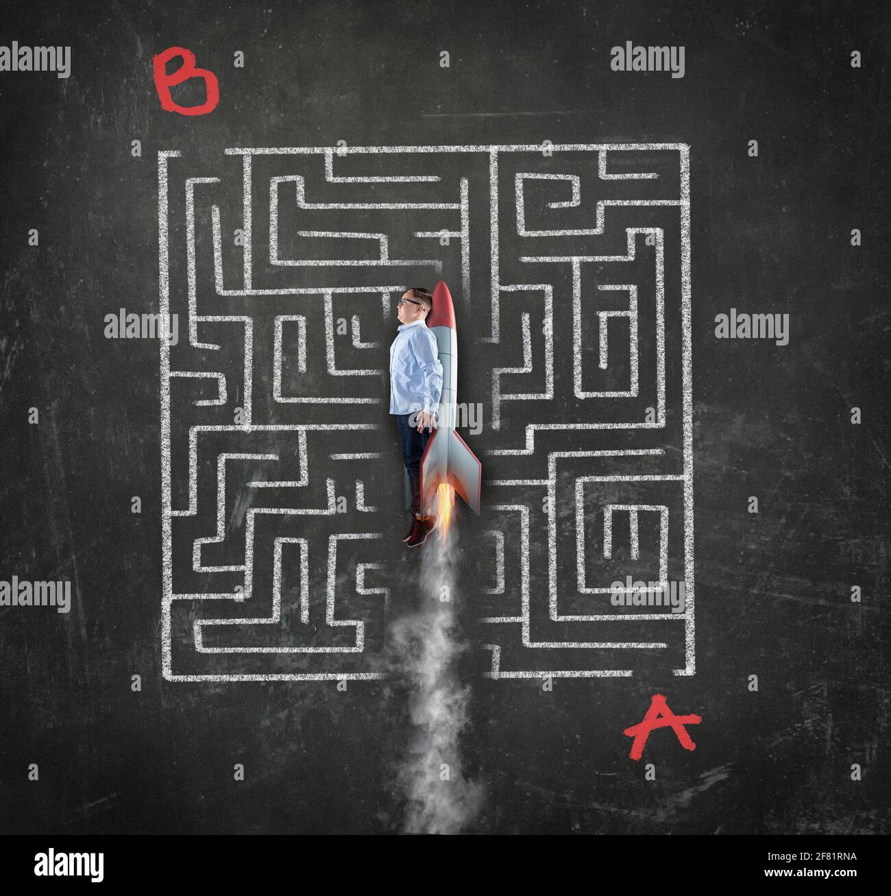 Young businessman flying with a rocket through a maze . Solving the ...