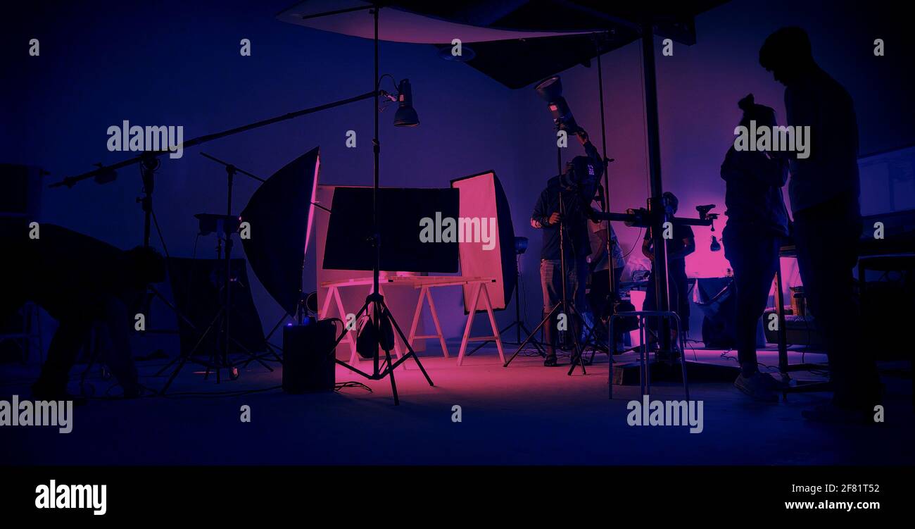 Neon Blue pink color shooting. behind the scene of video production set ...