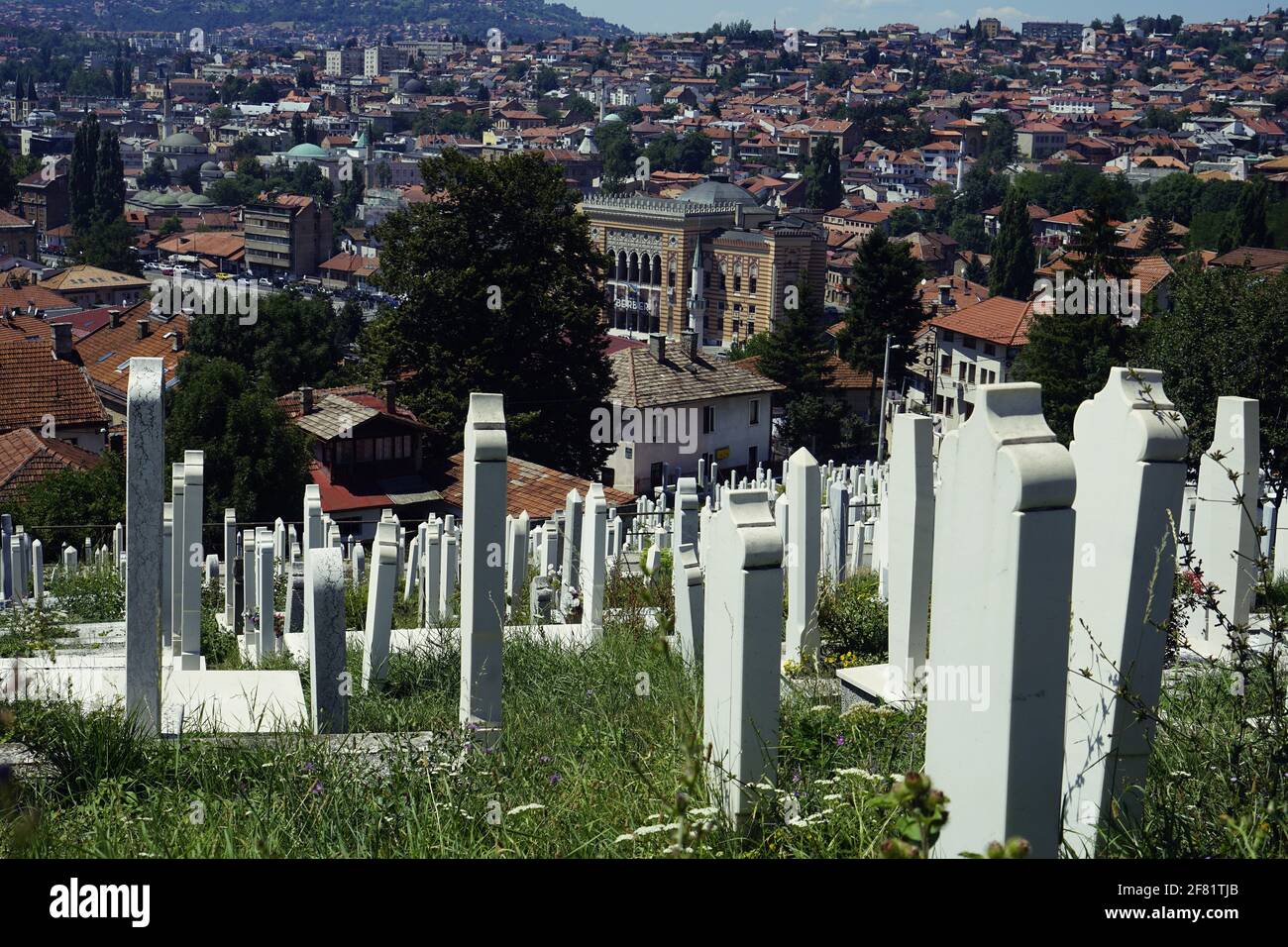 A graveyard on the hill with the city buildings near it Stock Photo - Alamy