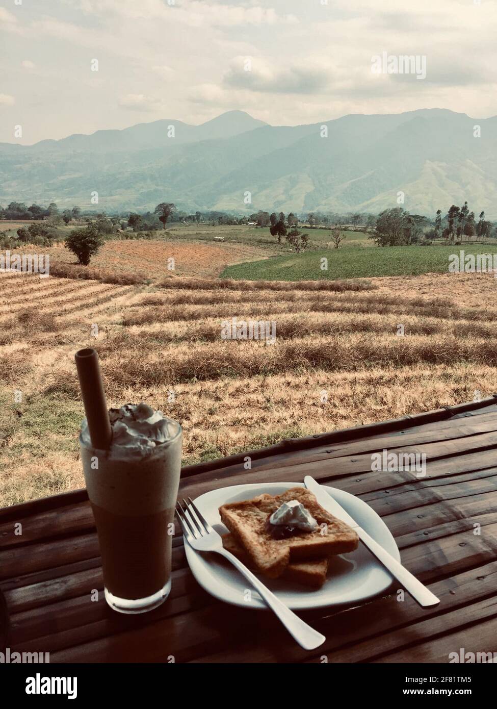 Vertical shot of toasted bread and chocolate milkshake on a bamboo ...