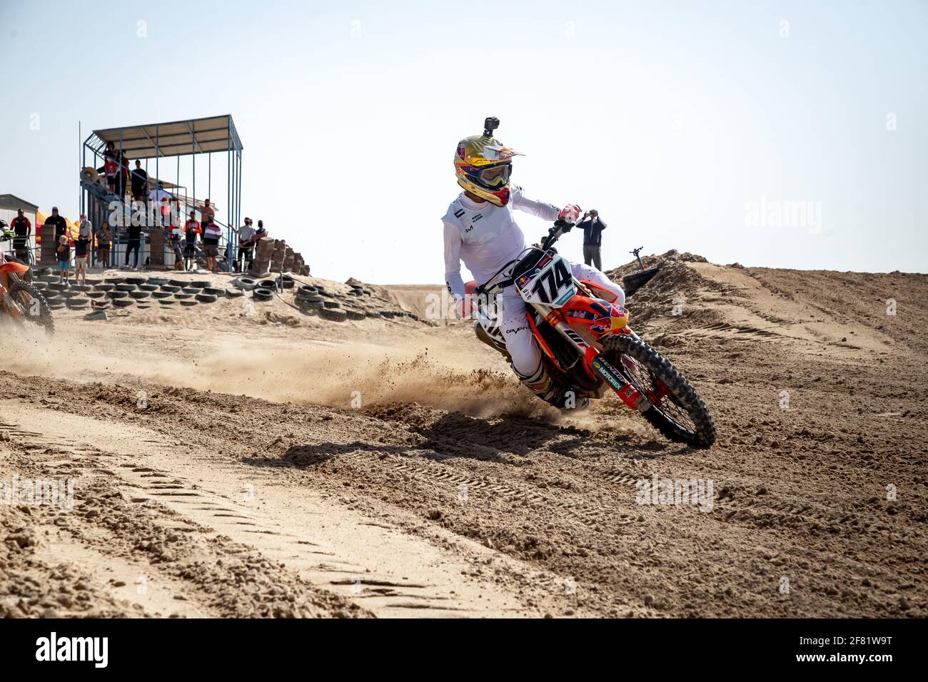 DUBAI, UNITED ARAB EMIRATES - Jan 30, 2021: Motorcross riders on sand ...