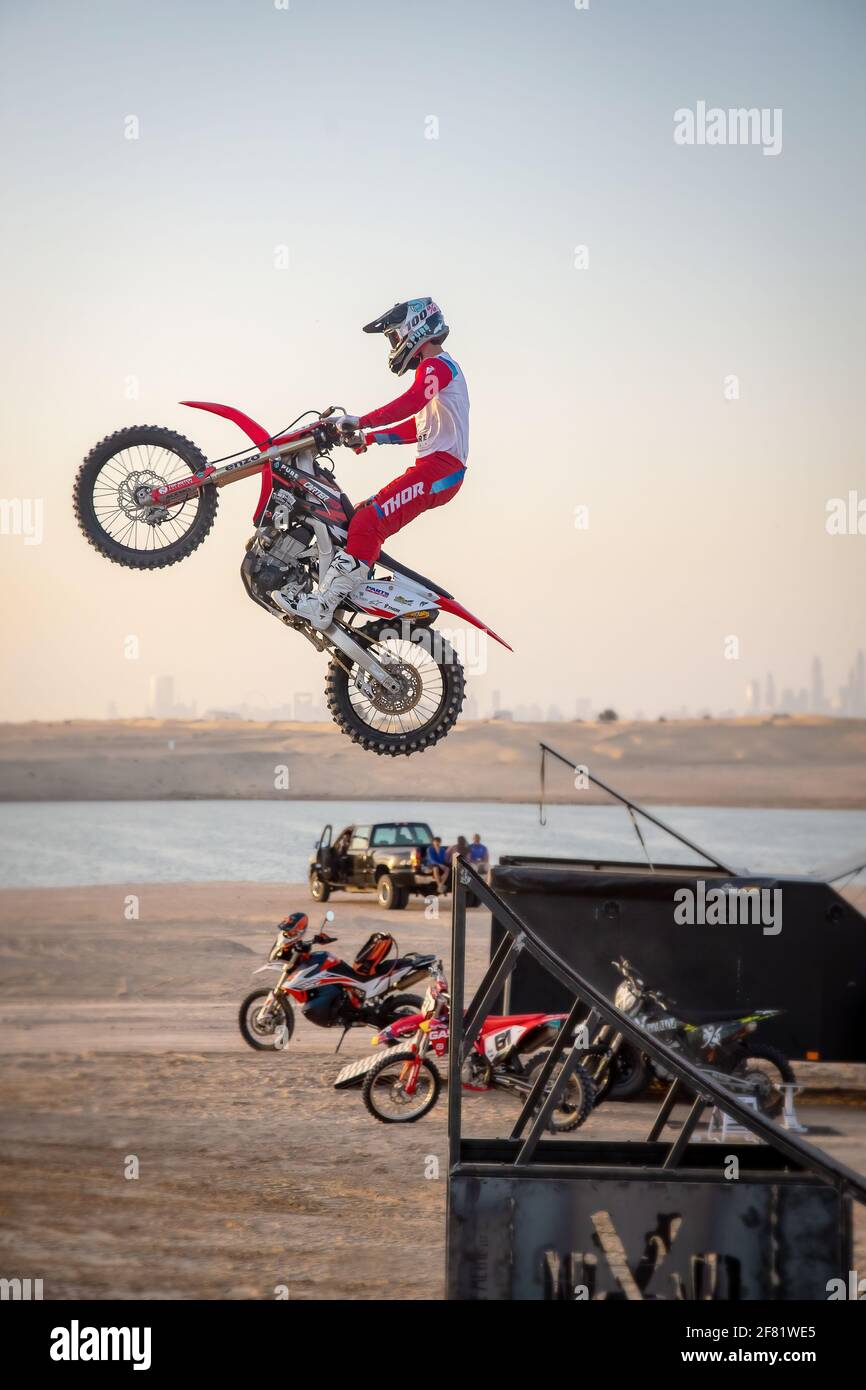 DUBAI, UNITED ARAB EMIRATES - Jan 30, 2021: Freestyle motorcross riders ...