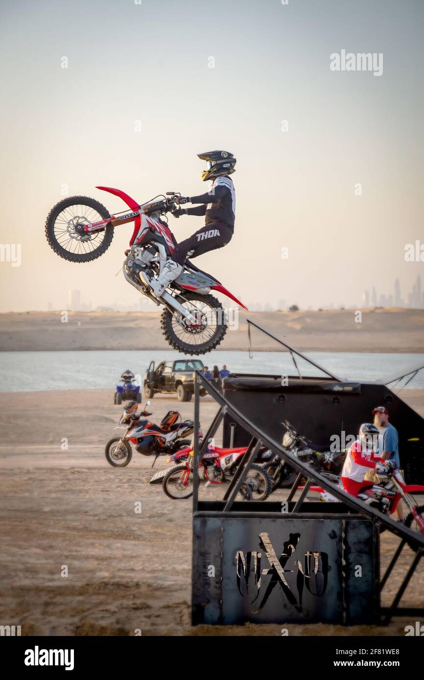 DUBAI, UNITED ARAB EMIRATES - Jan 30, 2021: Freestyle motorcross riders ...